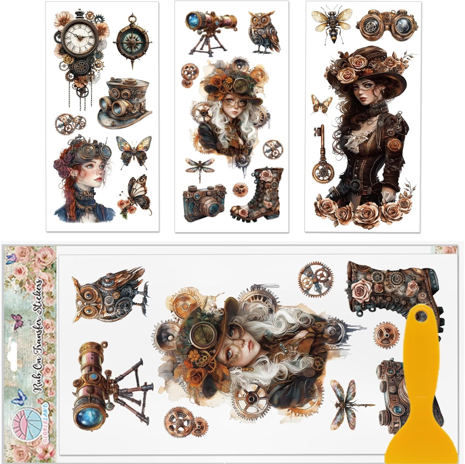 3 Sheets Colorful Steampunk Lady Rub on Transfers 6x12inch Gear Woman ...