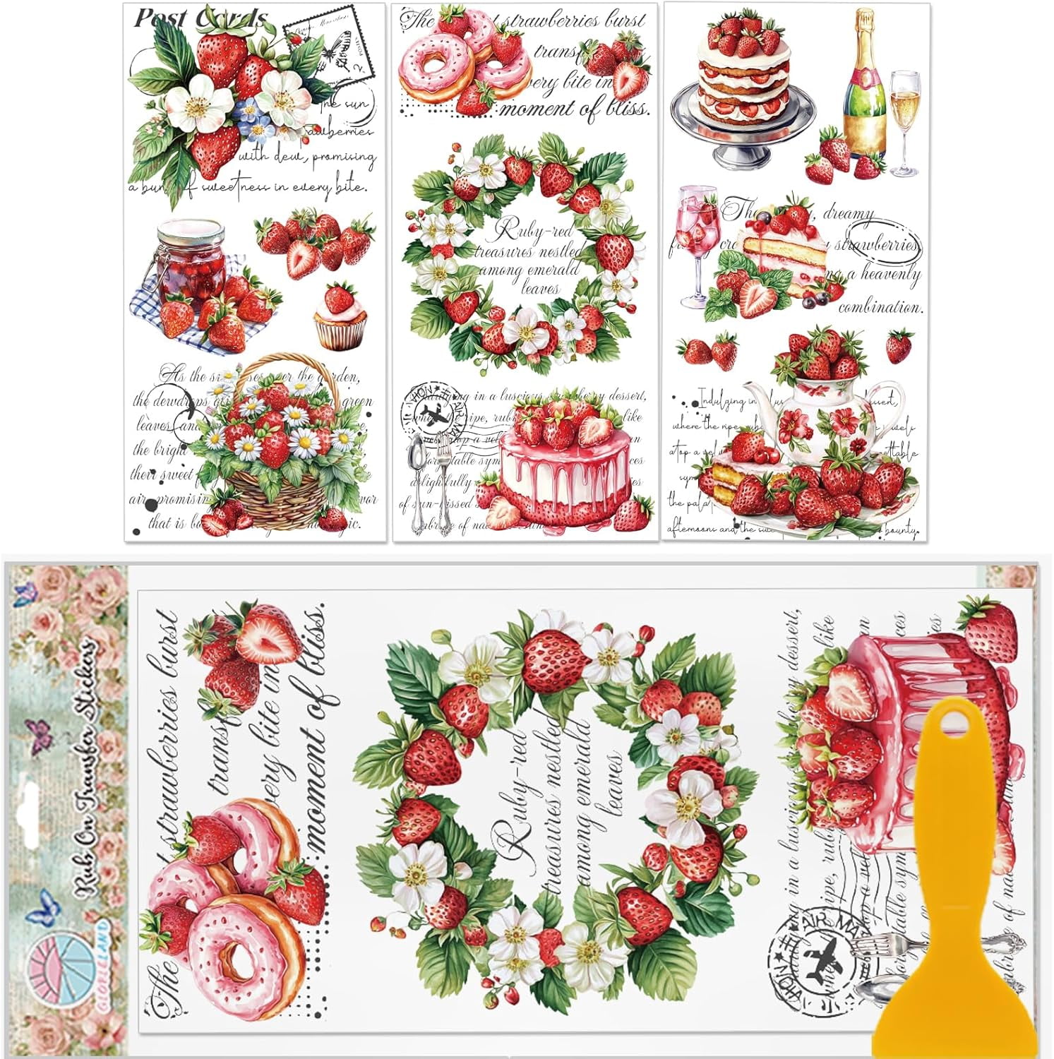 3 Sheets Colorful Strawberry Dessert Rub on Transfers 6x12inch Wreath ...