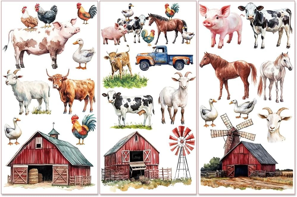 3 Sheets Farm Animals Rub on Decals for Crafts and Furniture Watercolor ...