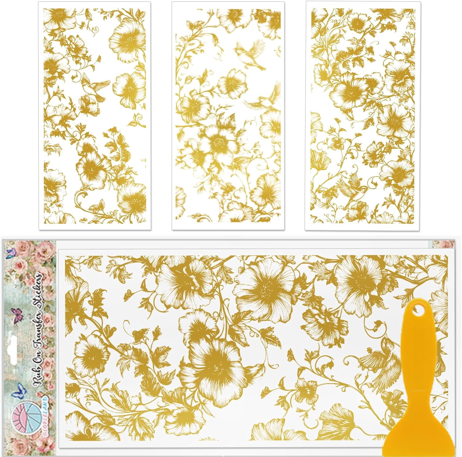 3 Sheets Gold Flowers Birds Furniture Transfer 11.8x5.9inch Spring ...