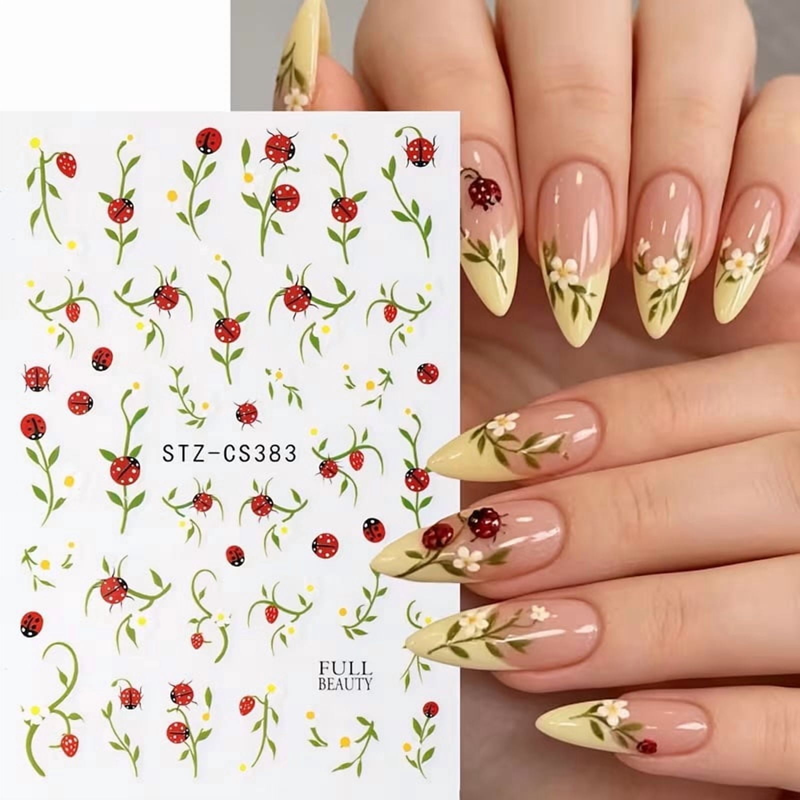 3 Sheets Ladybug & Strawberry Nail Stickers - Fun Self-Adhesive Nail ...