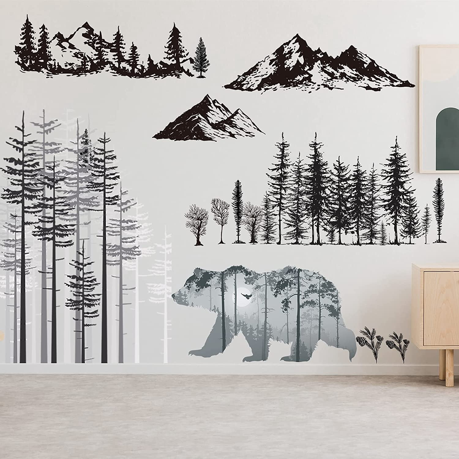 3 Sheets Mountain Forest Bear Wall Decals Stickers Pine Tree Wall ...