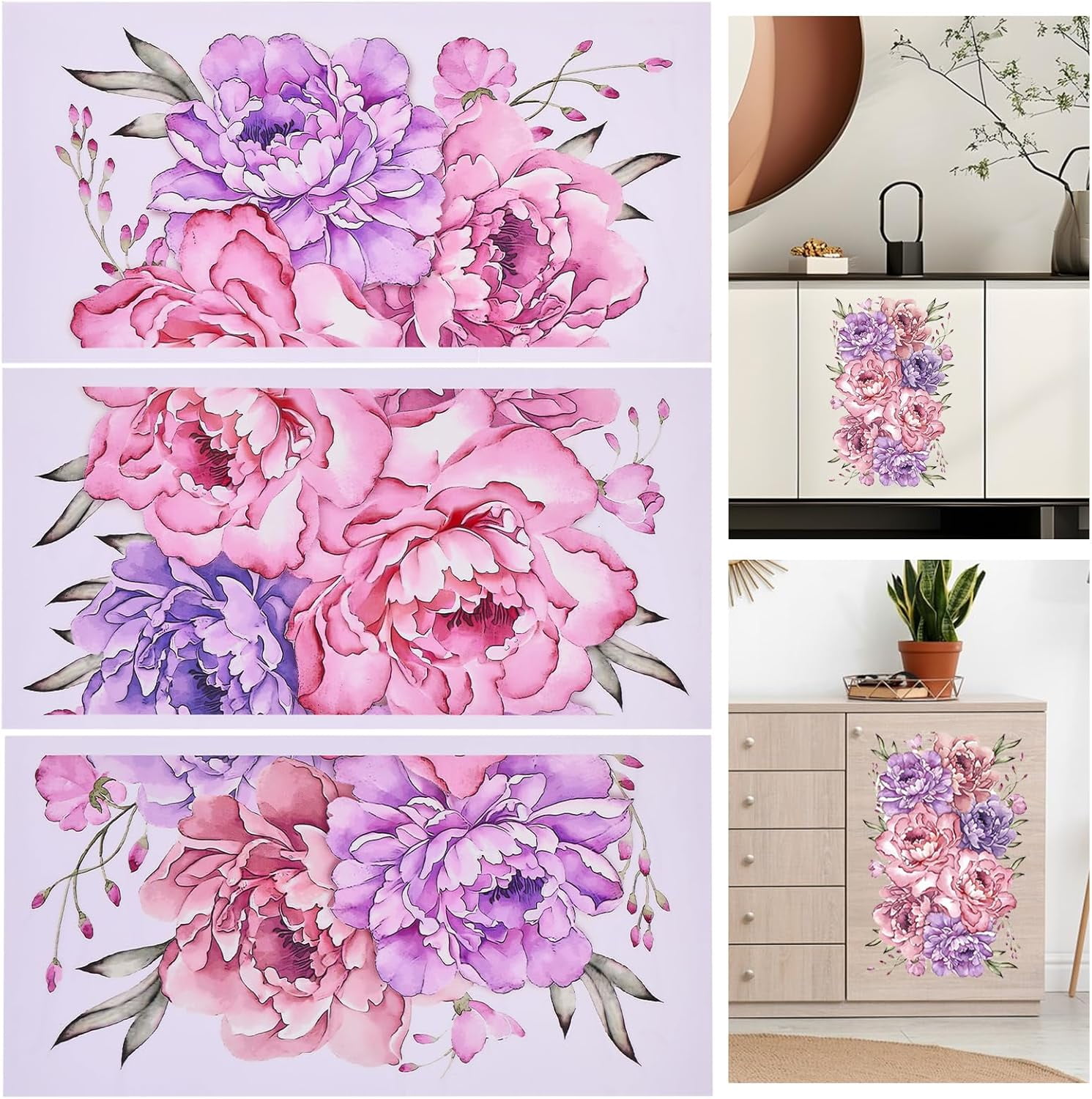 3 Sheets Peony Flower Theme Decor Transfers 6x12inch Furniture Transfer ...