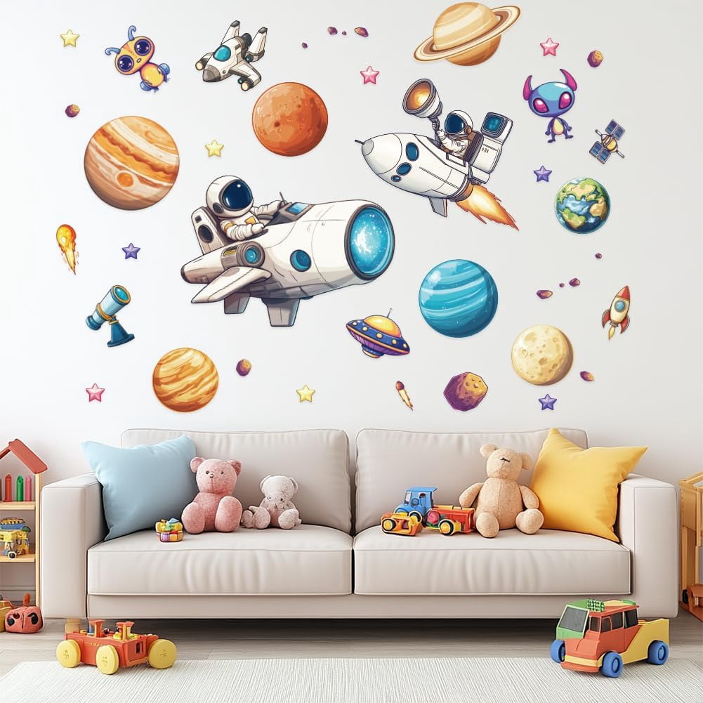 3 Sheets Planet Wall Stickers Astronaut and Space Battleship Wall Decal ...