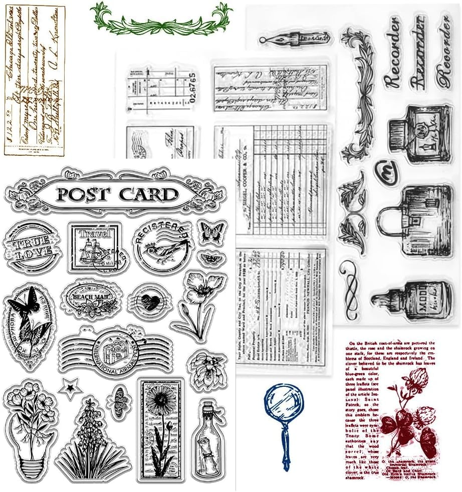 3 Sheets Postcard Frame Retro Clear Stamps Postmark Label ...