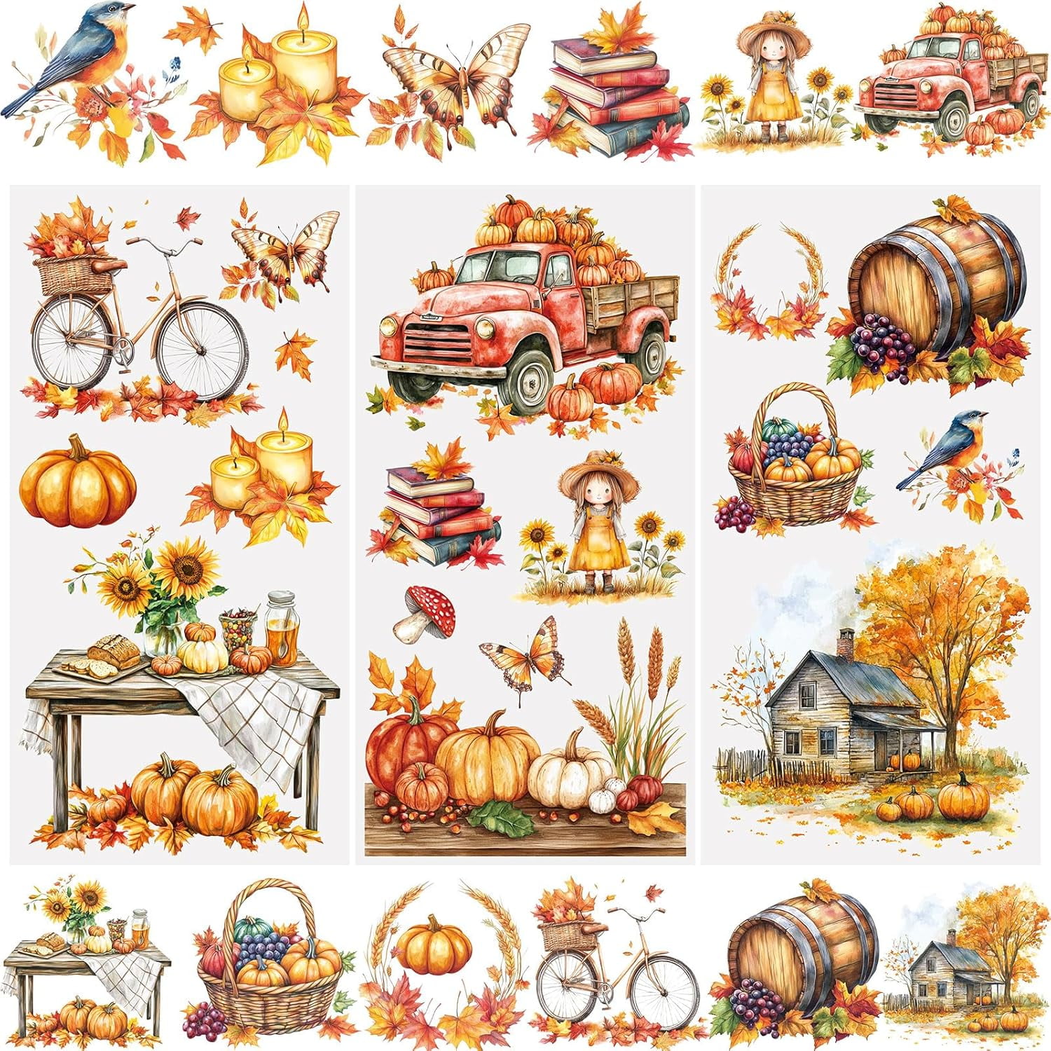 3 Sheets Rub On Transfer Stickers, Autumn Theme Decals Orange ...