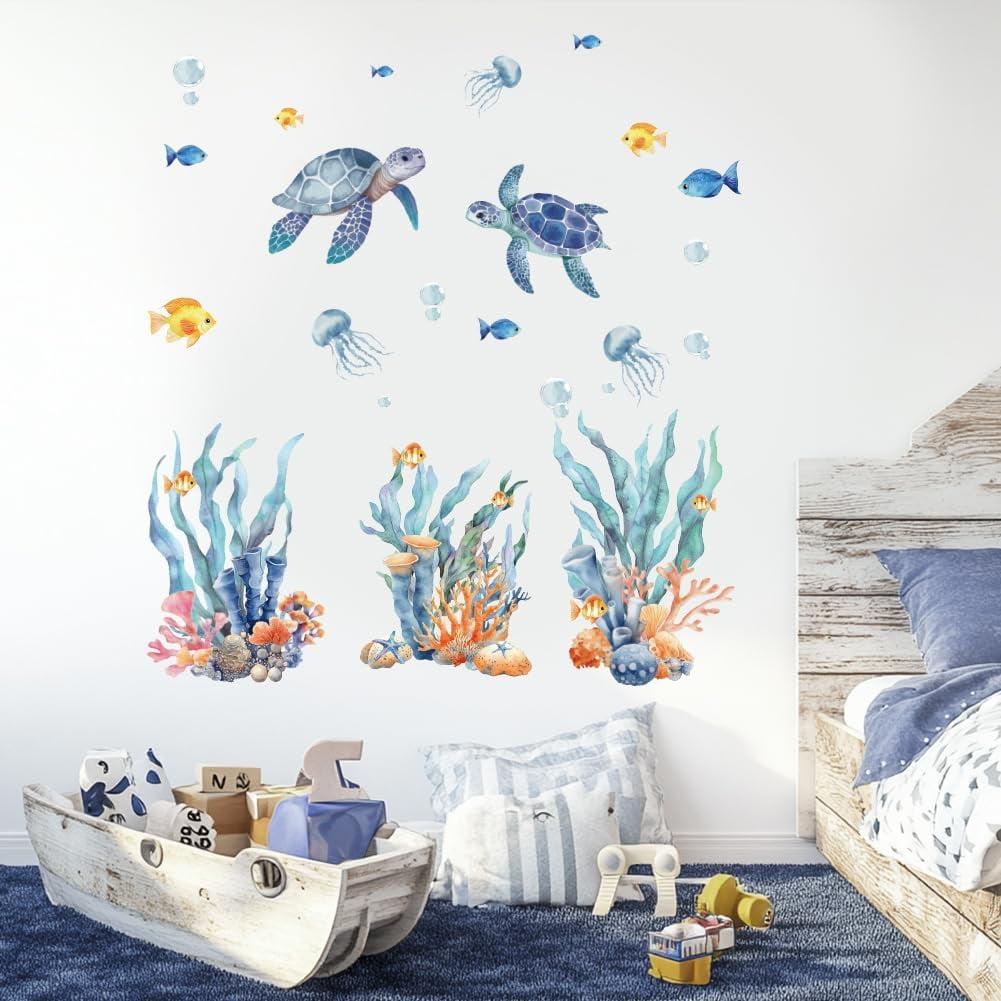 3 Sheets Sea Turtle Wall Decals Seagrass Corals Wall Sticker Under The ...