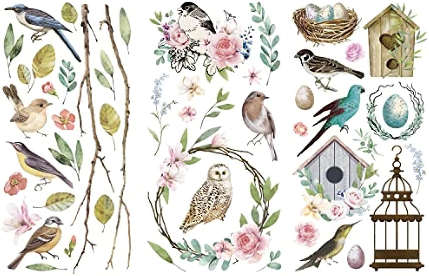 3 Sheets Spring Bird Transfer Stickers Birdcage Rub on Decor Transfers ...