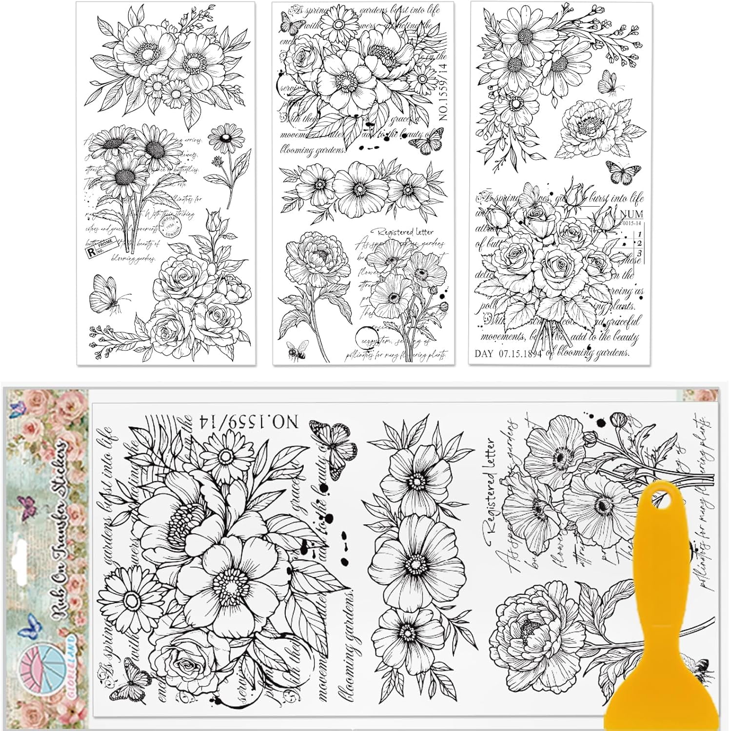 3 Sheets Vintage Sketch Flowers and Insects Furniture Transfers ...