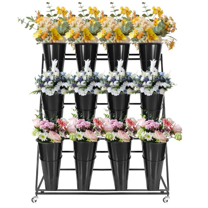3-Shelf 39.3"x19.6"x43.7" Black Flower Display Stand-Easy-Glide Wheels ...