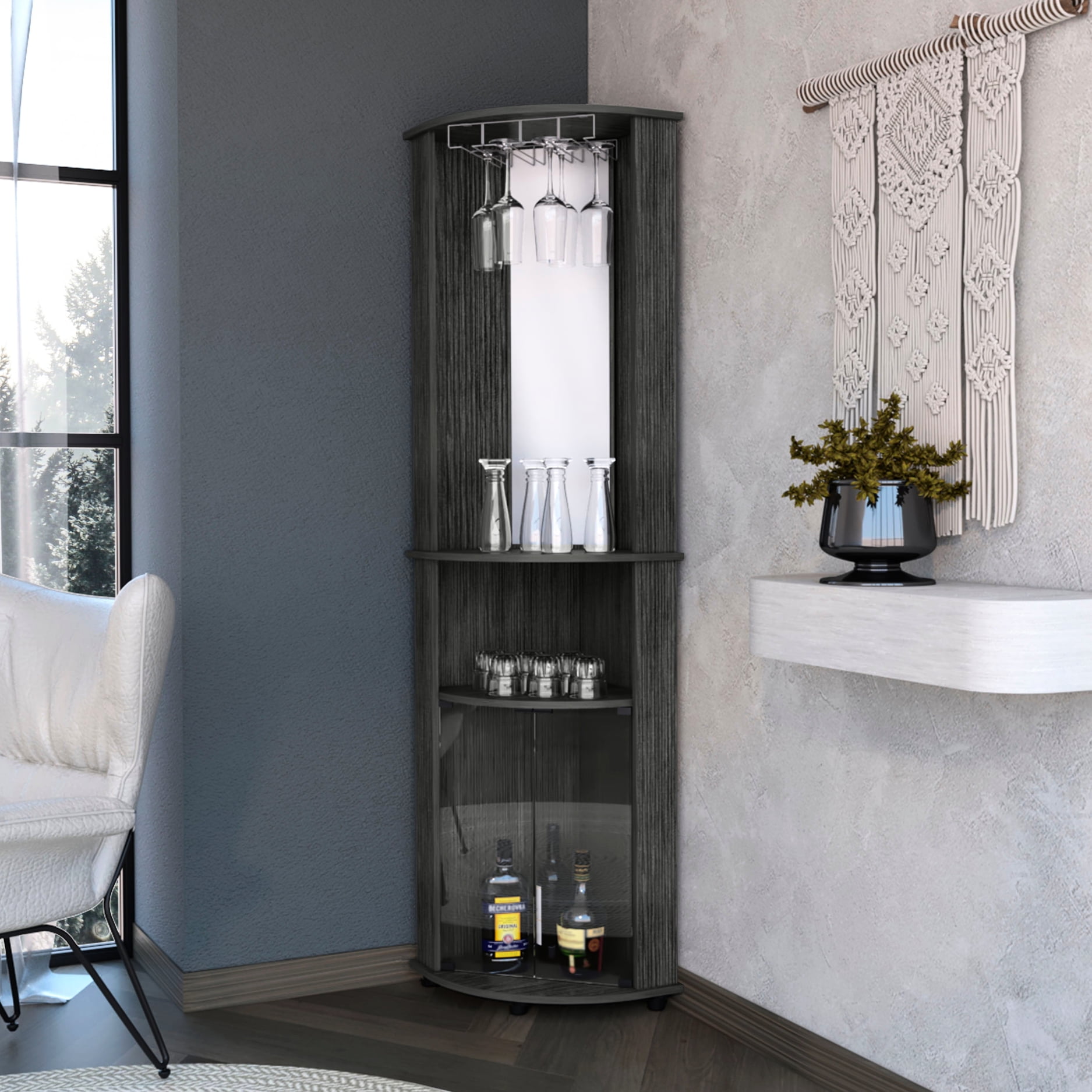 3 Shelf Bar Cabinet In Oak Finish With Glass Doors And Mirror For ...