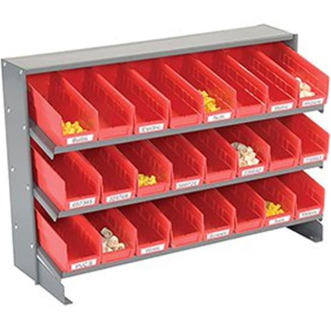 3 Shelf Bench Pick Rack with 24 Red Plastic Shelf Bins 4 in. - Gray ...