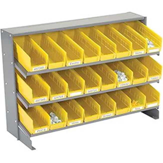 3 Shelf Bench Pick Rack with 24 Yellow Plastic Shelf Bins 4 Inch Wide ...