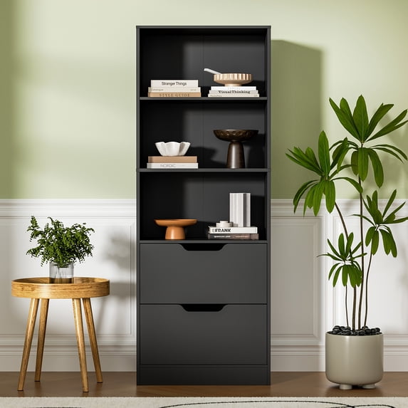 3-Shelf Bookcase With 2 Drawers, 63" Tall Adjustable Bookshelf - Modern ...