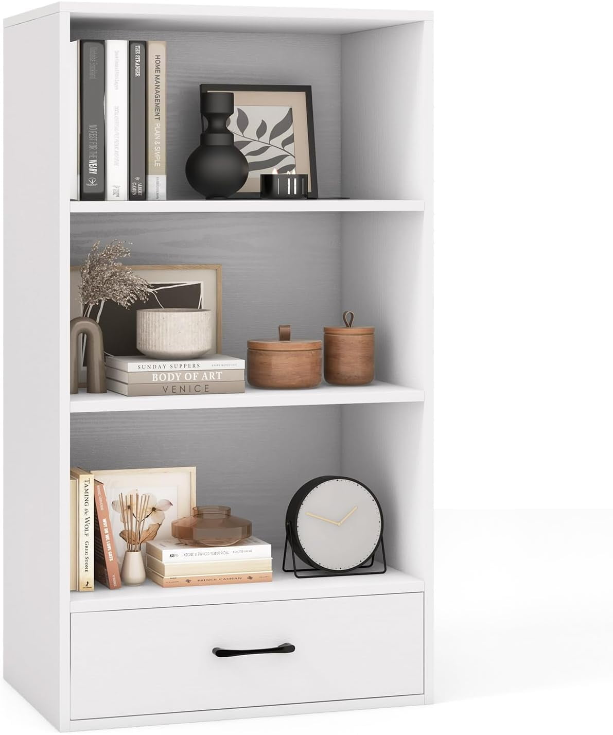 3 Shelf Bookcase with Drawer, Wood Bookshelves and Bookcases, Cube ...