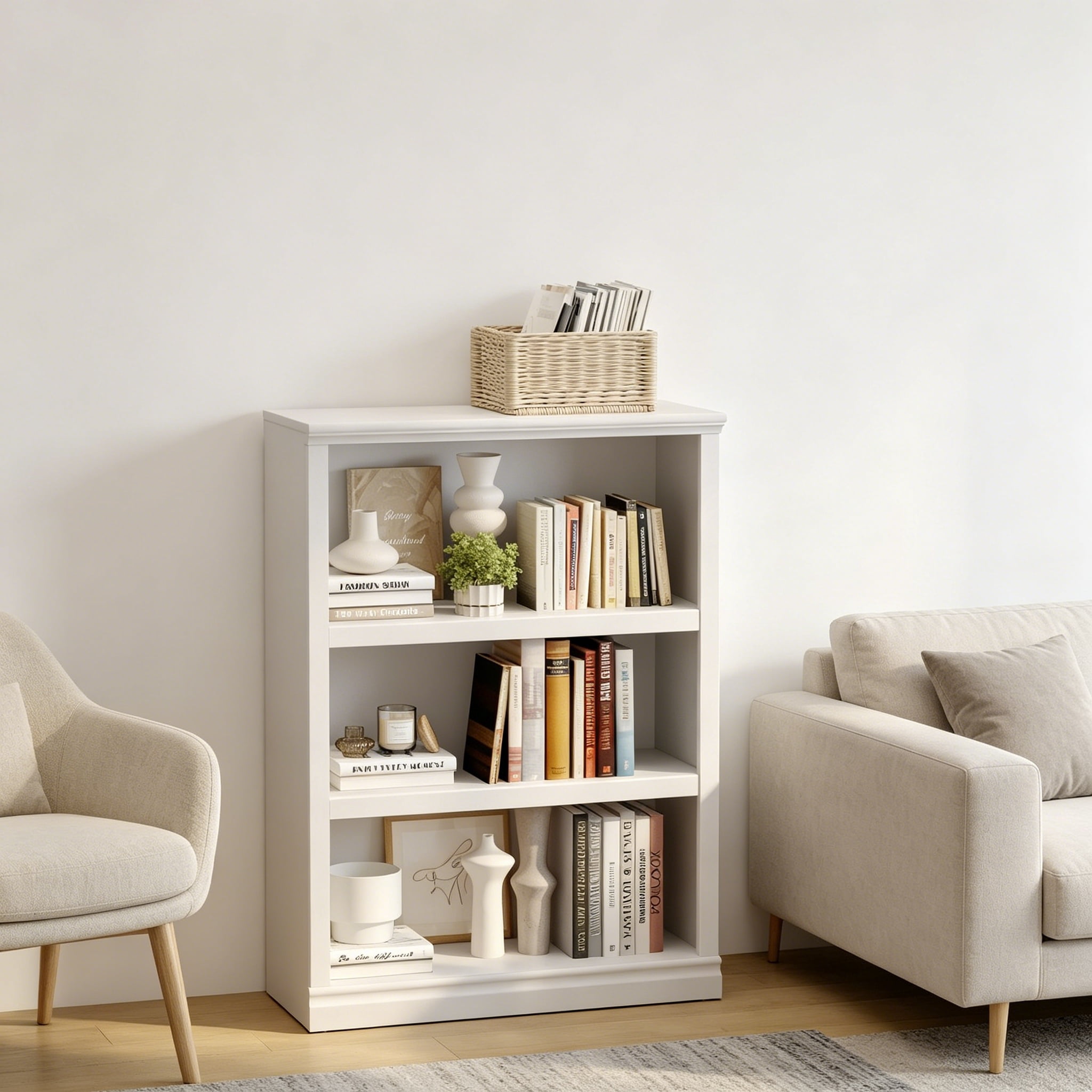 3-Shelf Bookcase, White Wooden Bookshelves, 33in Wide Floor Standing ...