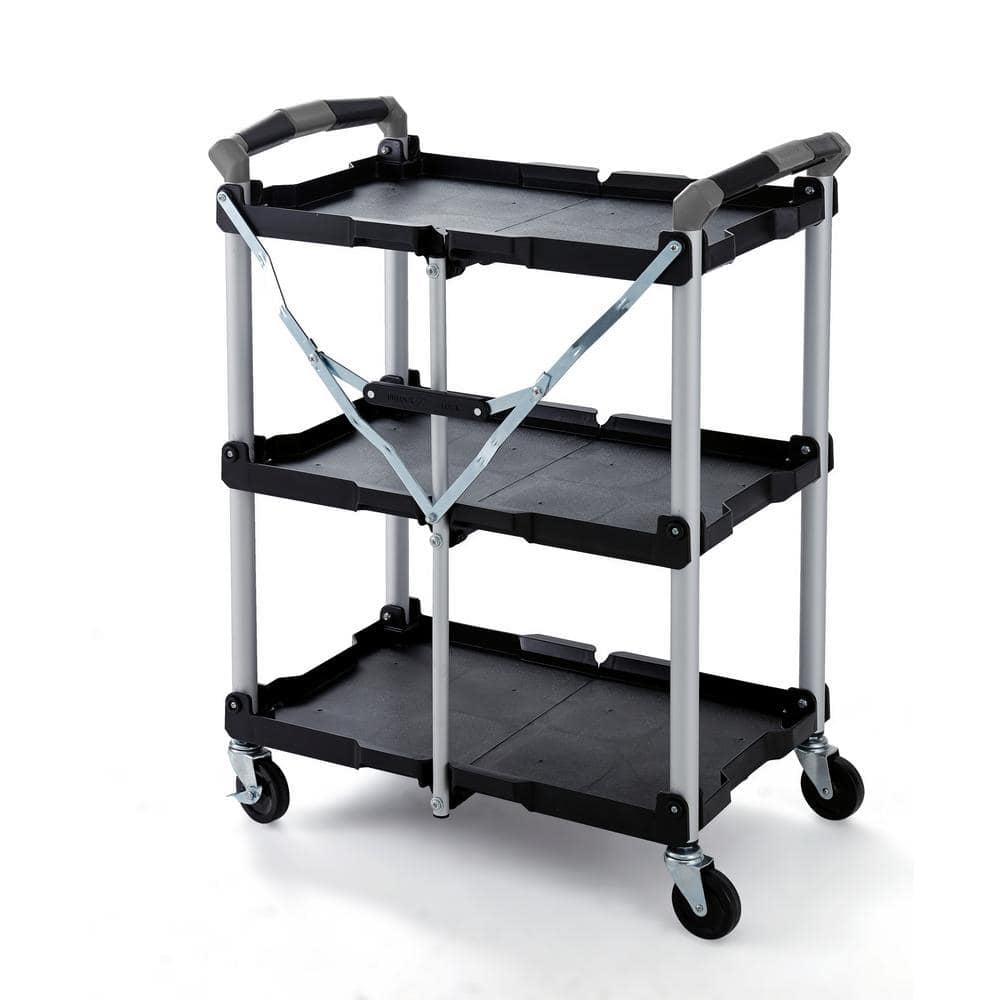 3-Shelf Collapsible 4-Wheeled Resin Multi-Purpose Utility Cart in Black ...