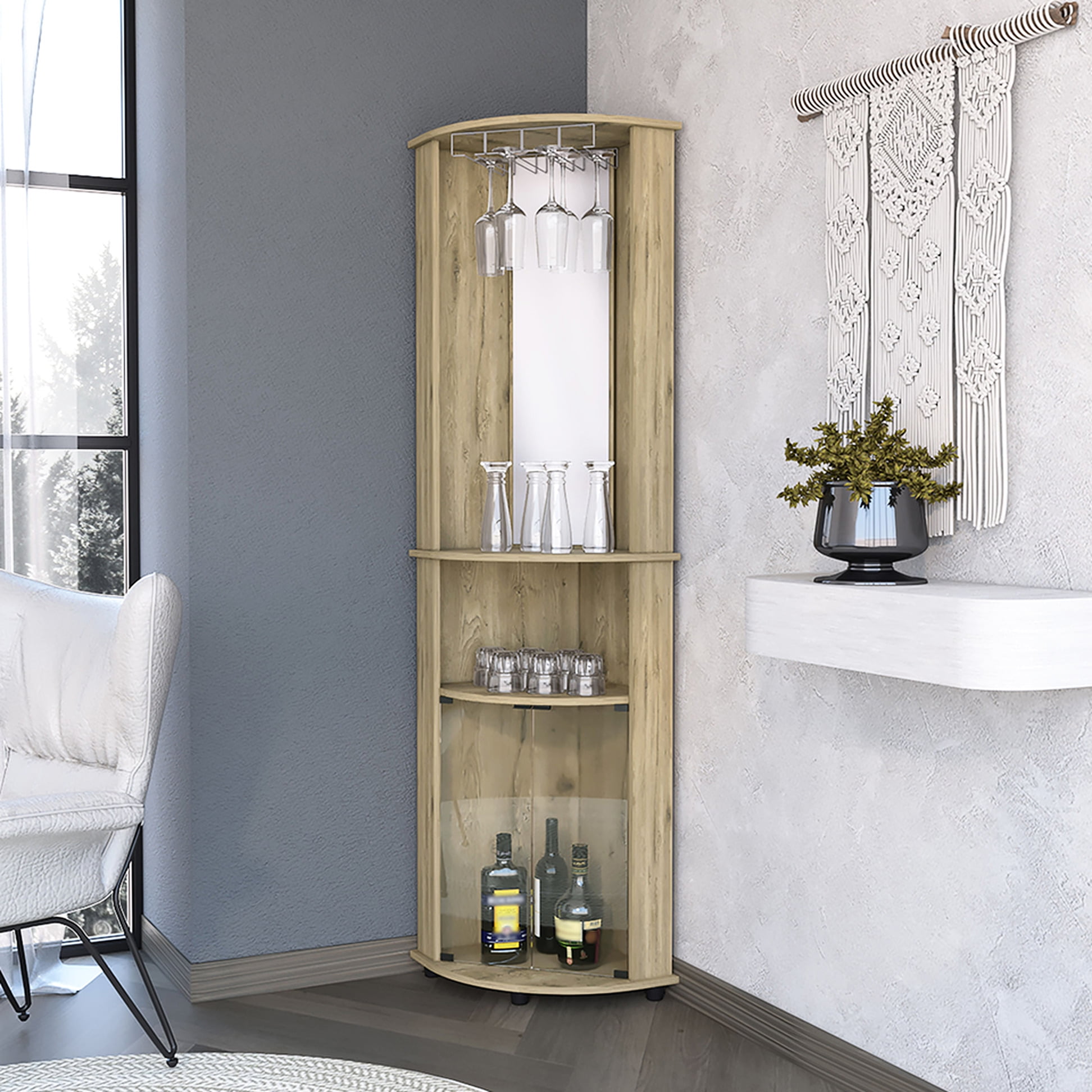 3 Shelf Corner Bar Cabinet In Beige - Freestanding, Open Storage ...