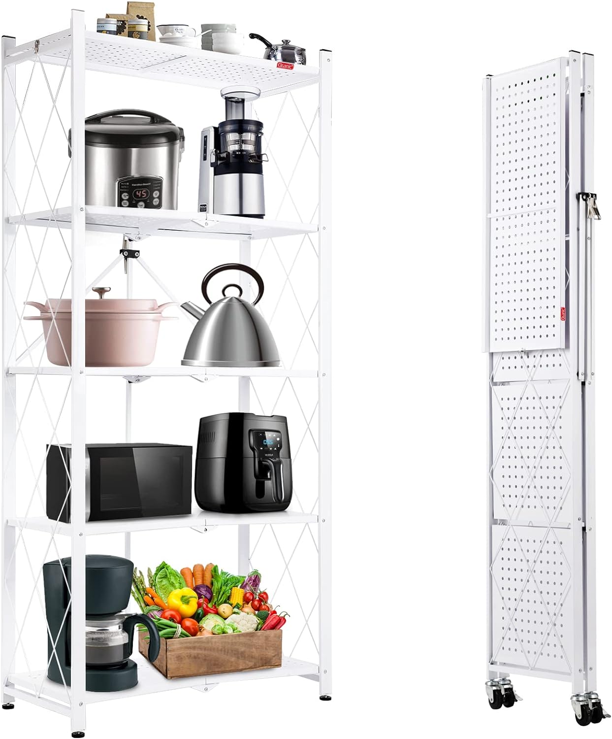 3-Shelf Foldable Storage Shelves with Wheels, Large Capacity Shelving ...