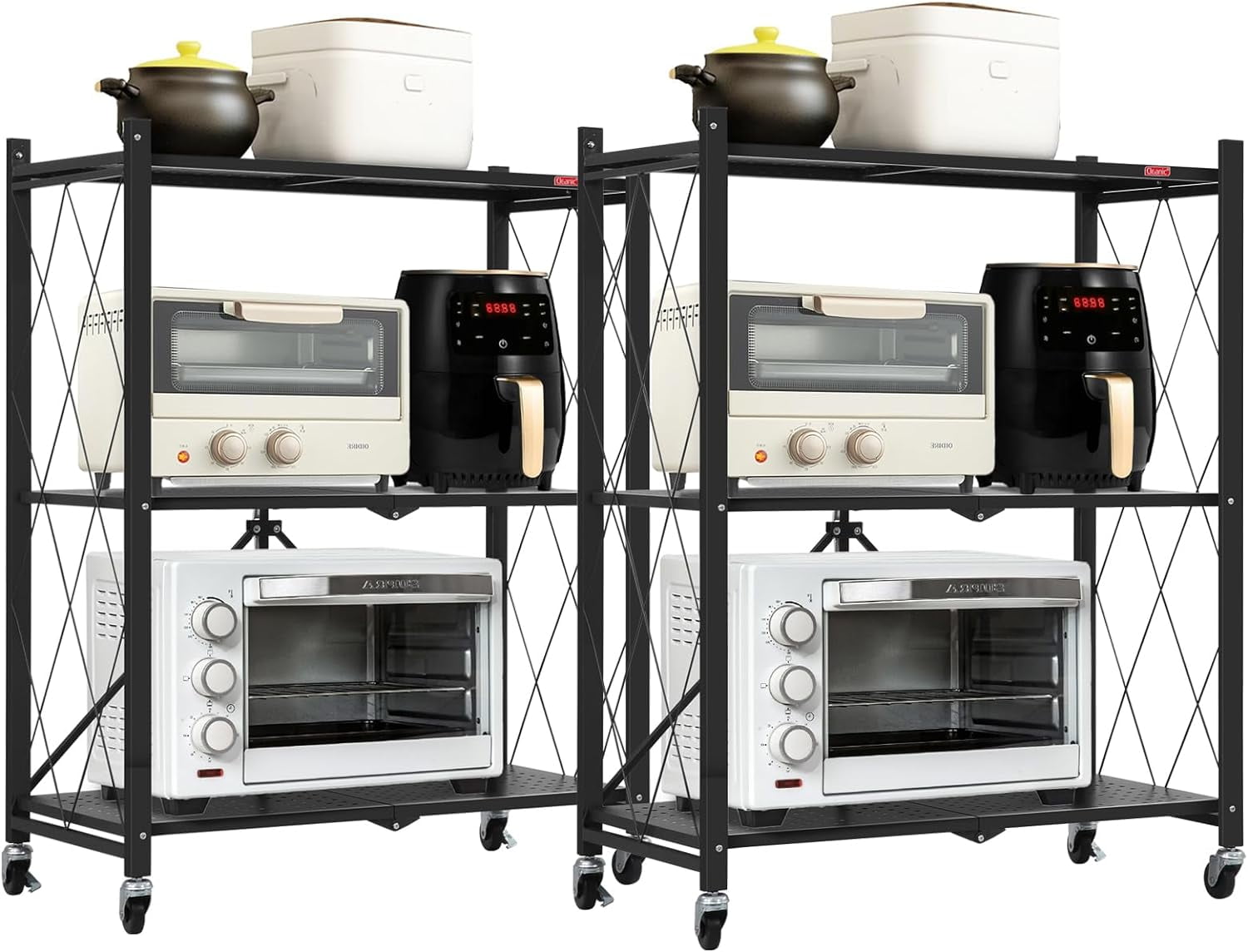 3-Shelf Foldable Storage Shelves with Wheels, Large Capacity Shelving ...