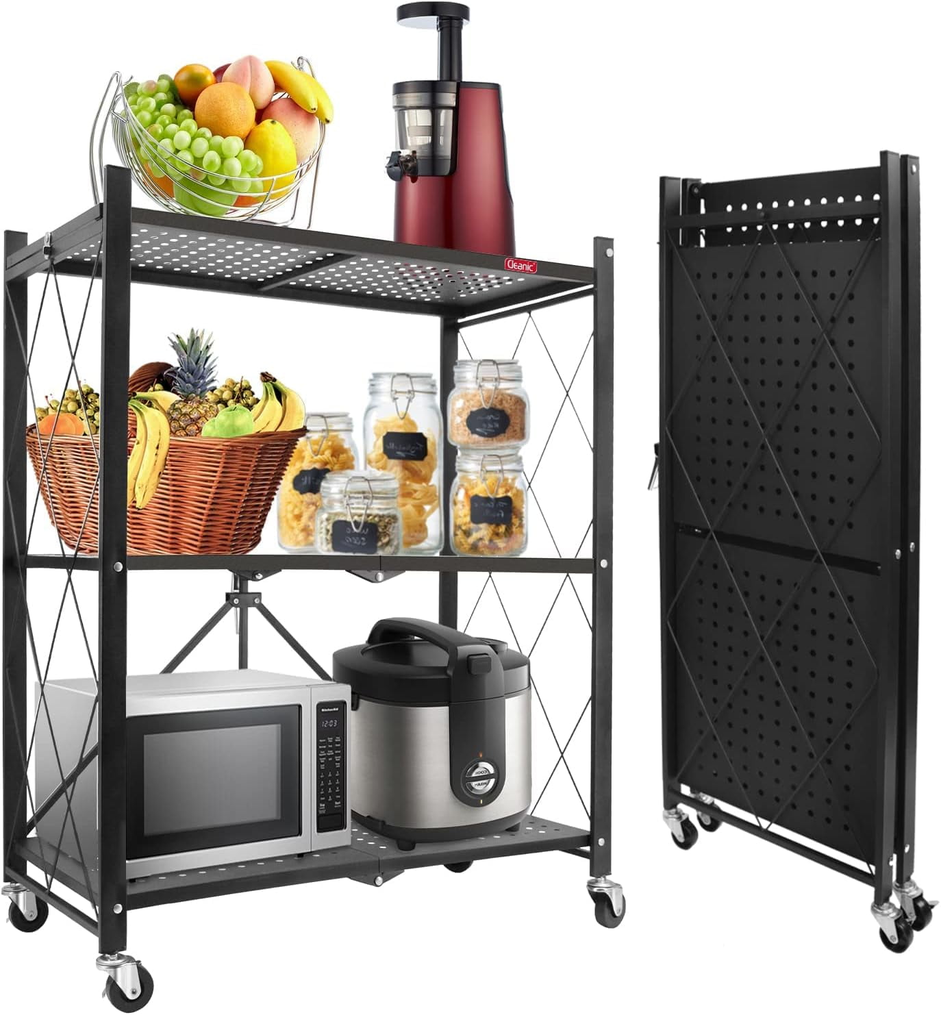 3-Shelf Foldable Storage Shelves with Wheels, Large Capacity Shelving ...