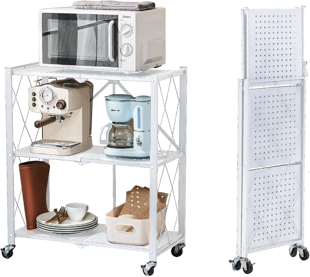 3-Shelf Foldable Storage Shelves with Wheels, No Assembly Folding Shelf ...