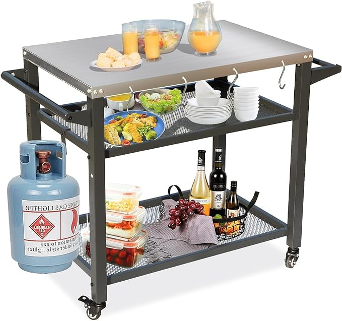 3-Shelf Outdoor Grill Table, Grill Cart with Wheels, Outdoor Pizza Oven ...