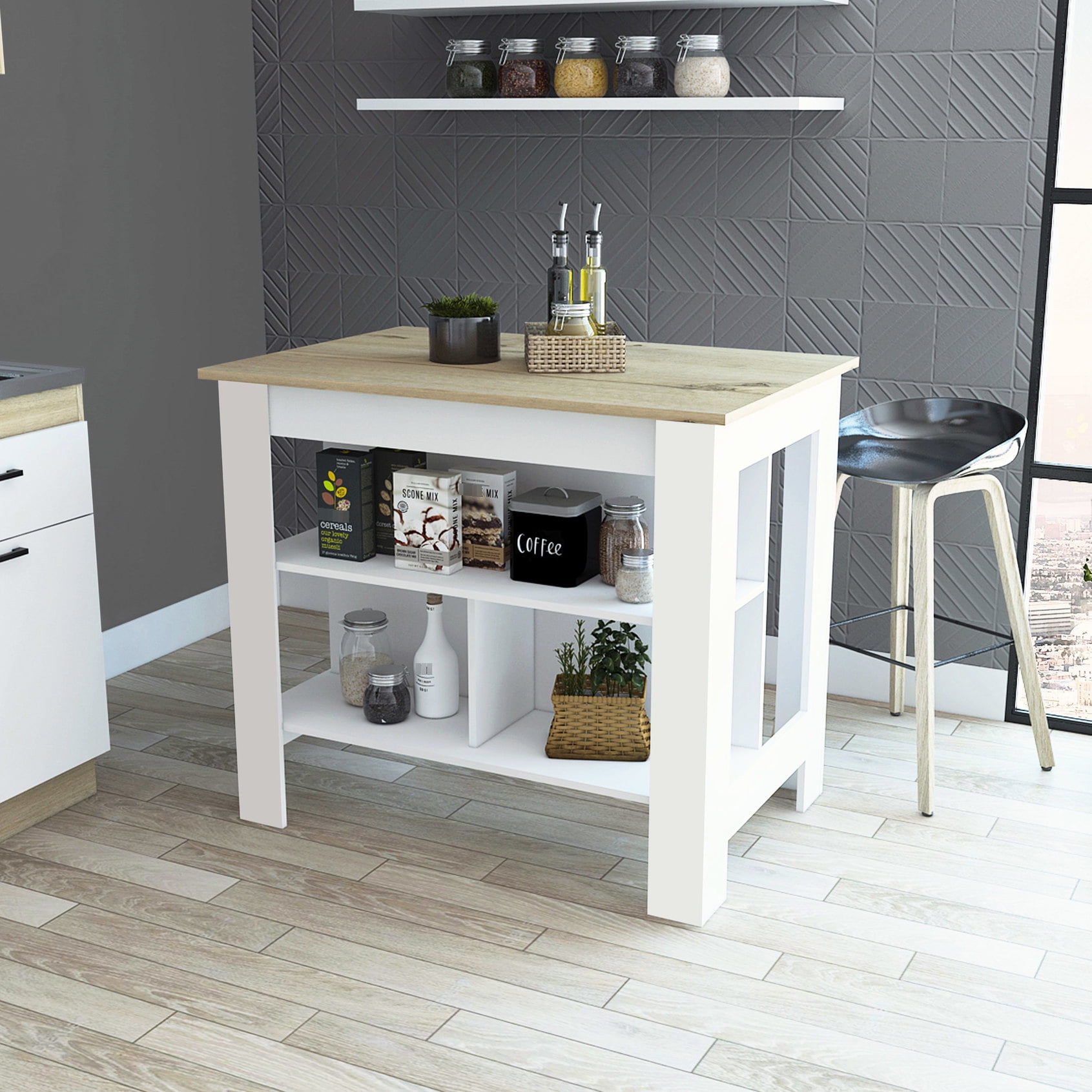 3 - Shelf Transitional Kitchen Island in White & Light Oak, 40.5" Wide ...