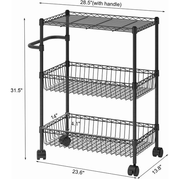 3-Shelf Wire Shelving Rack, Storage Rack with Wheels, Kitchen Storage ...