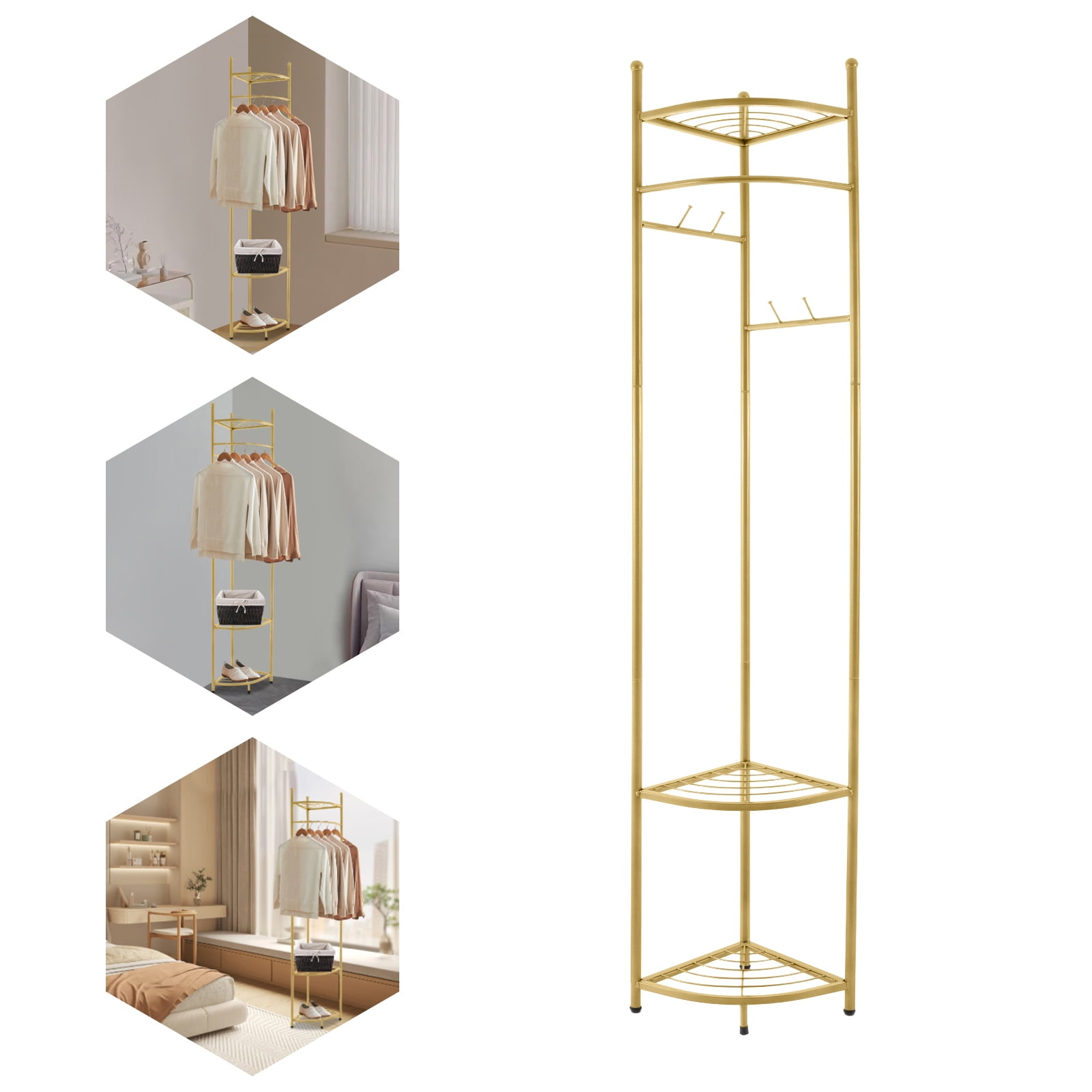 3 Shelves Fan Shaped Coat Rack with 4 Hooks, Corner Clothing Rack for ...