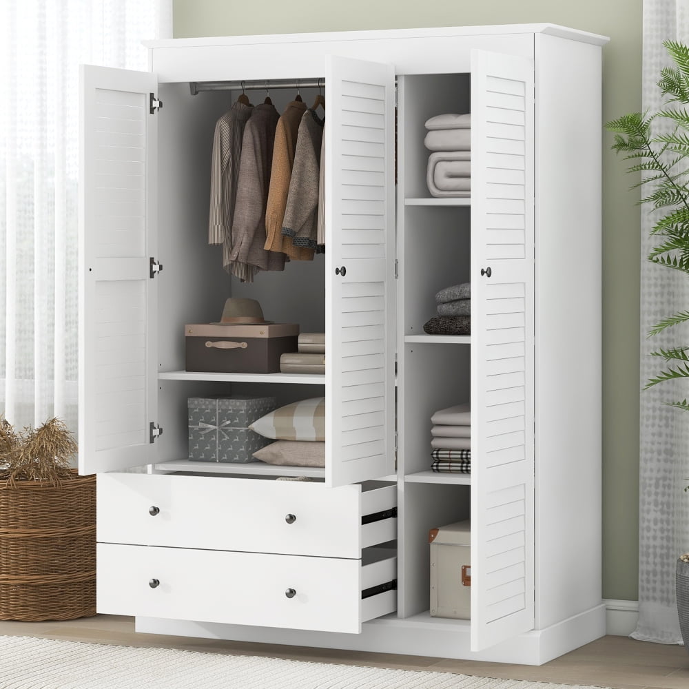 3 Shutter Door Wardrobe Armoire Closet with 2 Drawers, White - Walmart.com