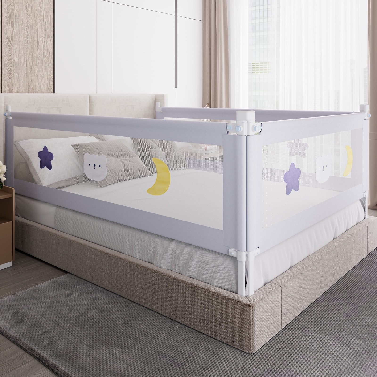3-Side Sturdy Toddler Bed Rail Twin Size Adjustable Height With Pattern ...
