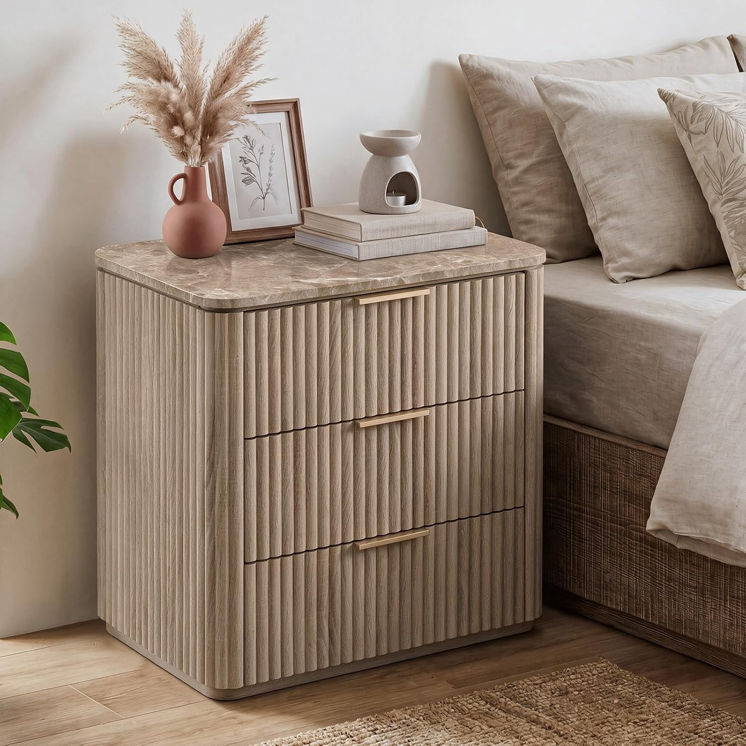 3 Sided Fluted Nightstand with Faux Marble Top, Modern Bedside Table ...