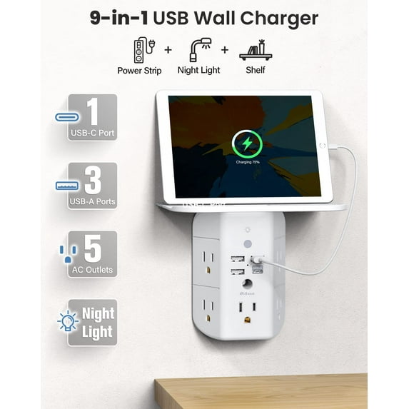3-Sided Multi Plug Power Strip, Wall Extender with Shelf, Night Light ...