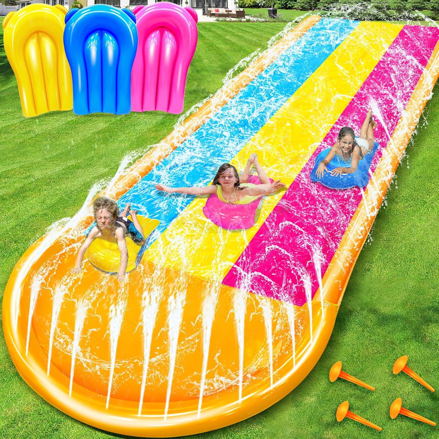 [ 3 Sided Safe Fence ] Extra Width Triple Slip Water Slide with 3-Way ...