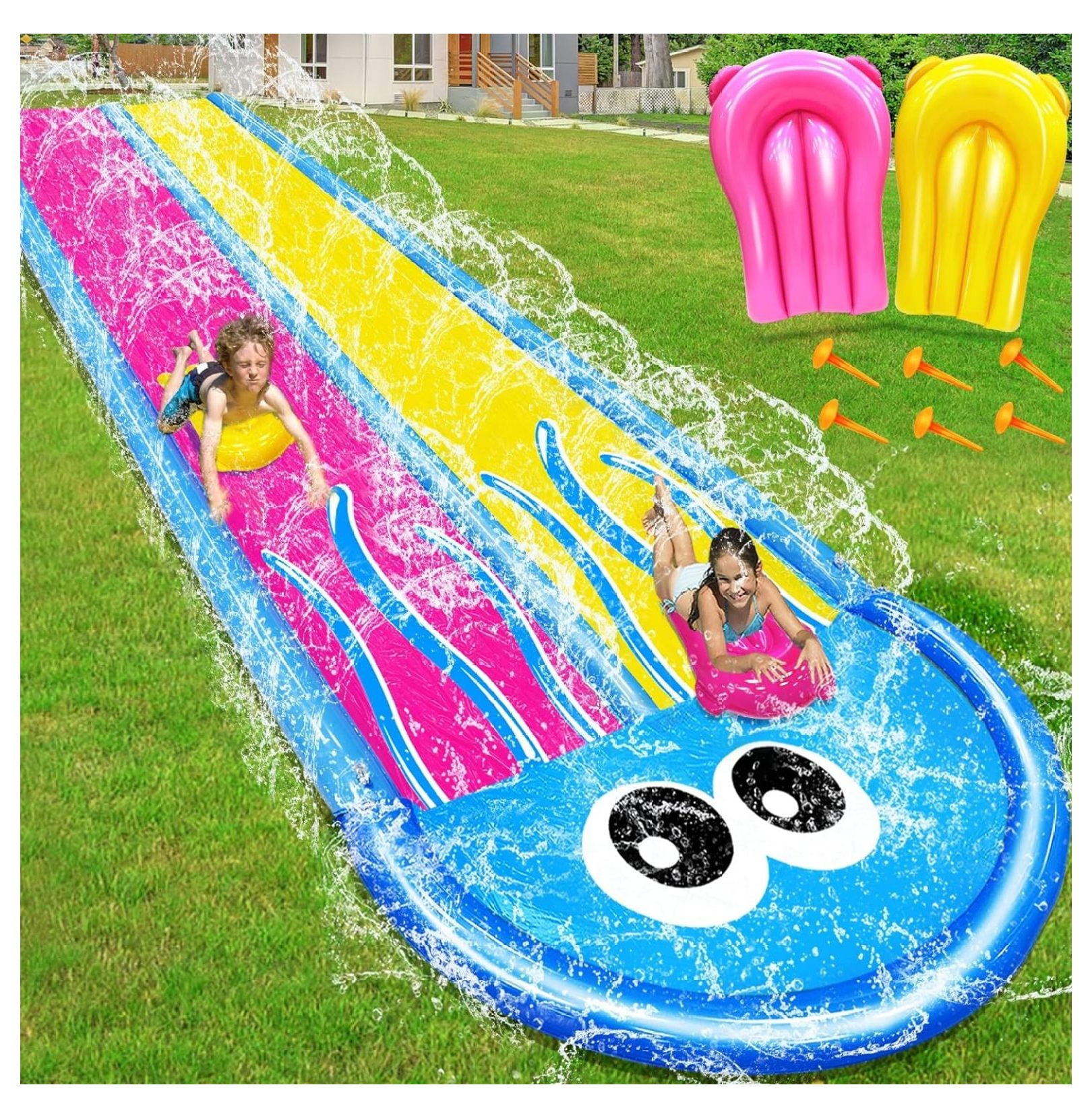 [ 3 Sided Safe Fence ] Jellyfish Slip Lawn Water Slides with 2 ...