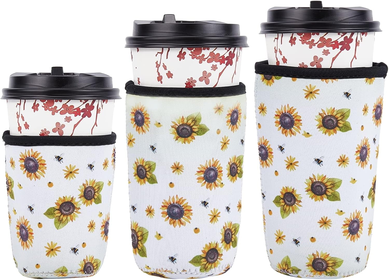 3 Sizes Reusable Neoprene Insulator Sleeve Iced Coffee Sleeve Sunflower ...