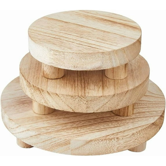 3 Sizes Wooden Display Risers Wood Pedestal Stand Wood Round Flat Tray ...