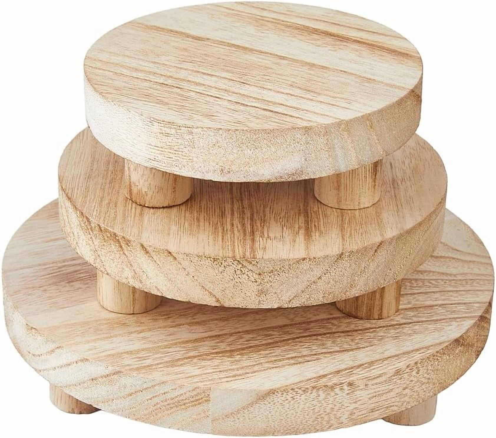 3 Sizes Wooden Display Risers Wood Pedestal Stand Wood Round Flat Tray Rustic Display Riser for ...