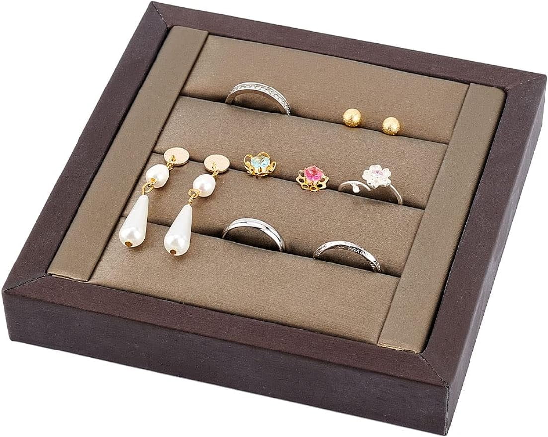 3-Slot Ring Display Tray Coconut Brown PU Leather Covered Wood Rings ...
