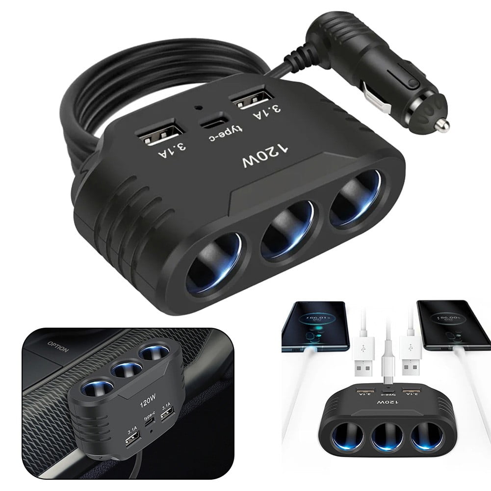 3 Socket Car Lighter Splitter Dual USB LED Car Fast Charger Adapter 12V ...