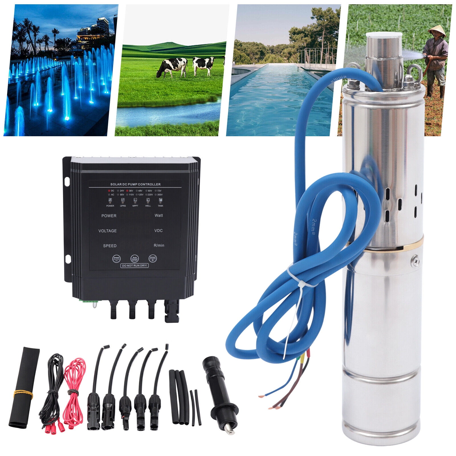 3" Solar Deep Well Water Pump Brushless DC Submersible Motor MPPT Controller Kit Agricultural ...