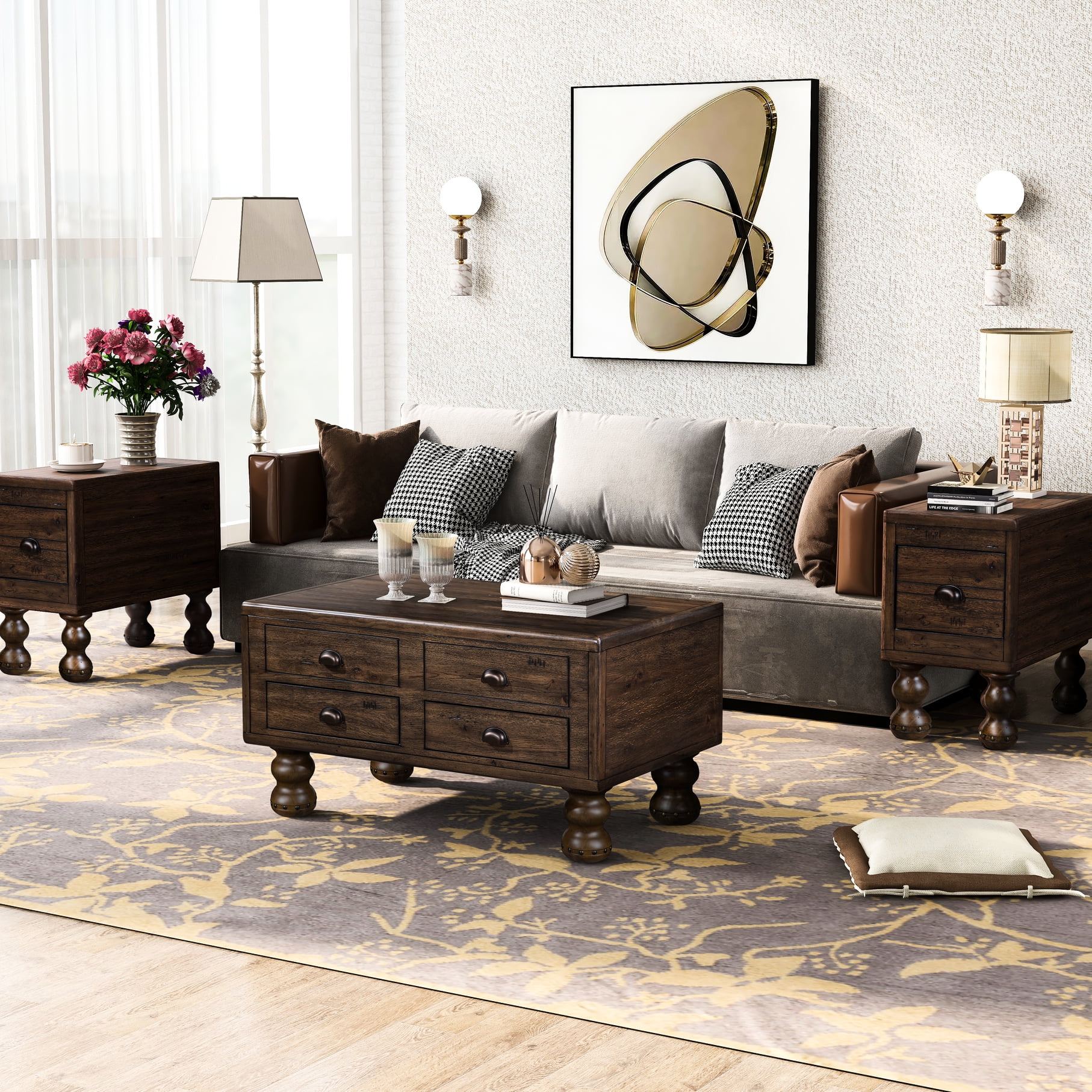 3 Solid Wood Living Room Table : Coffee Table, 2 End Tables ...