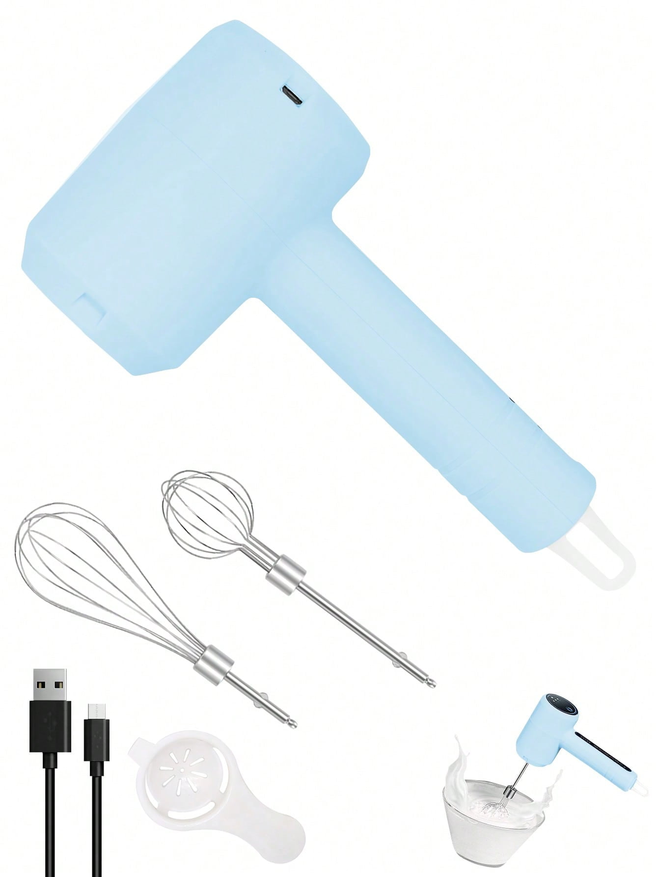 3-Speed Hand Mixer - USB Rechargeable, Cordless, Stainless Steel Dual ...