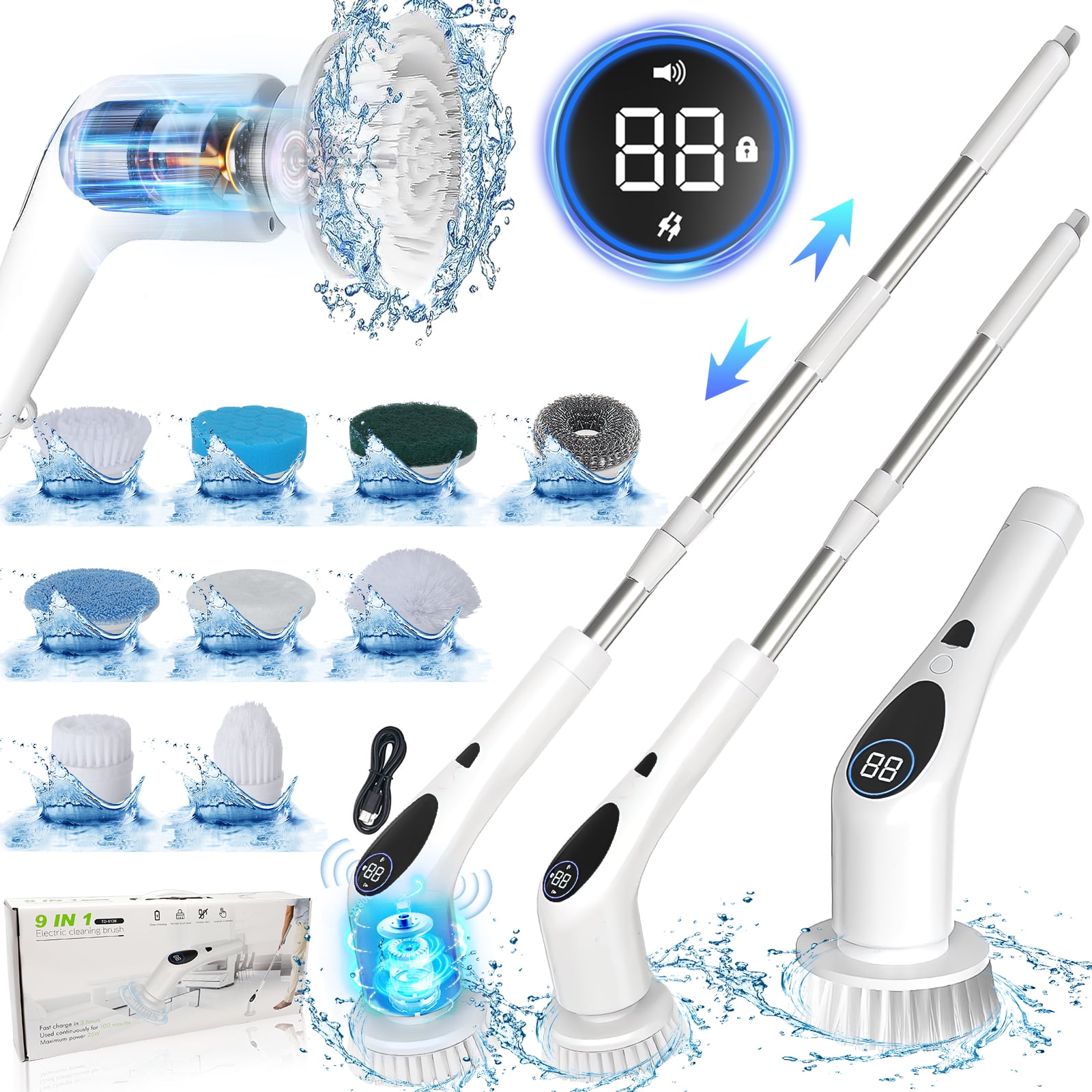 YUWENUS 3-Speed Electric Scrubber, Cordless with Voice Prompt, 9 Heads ...