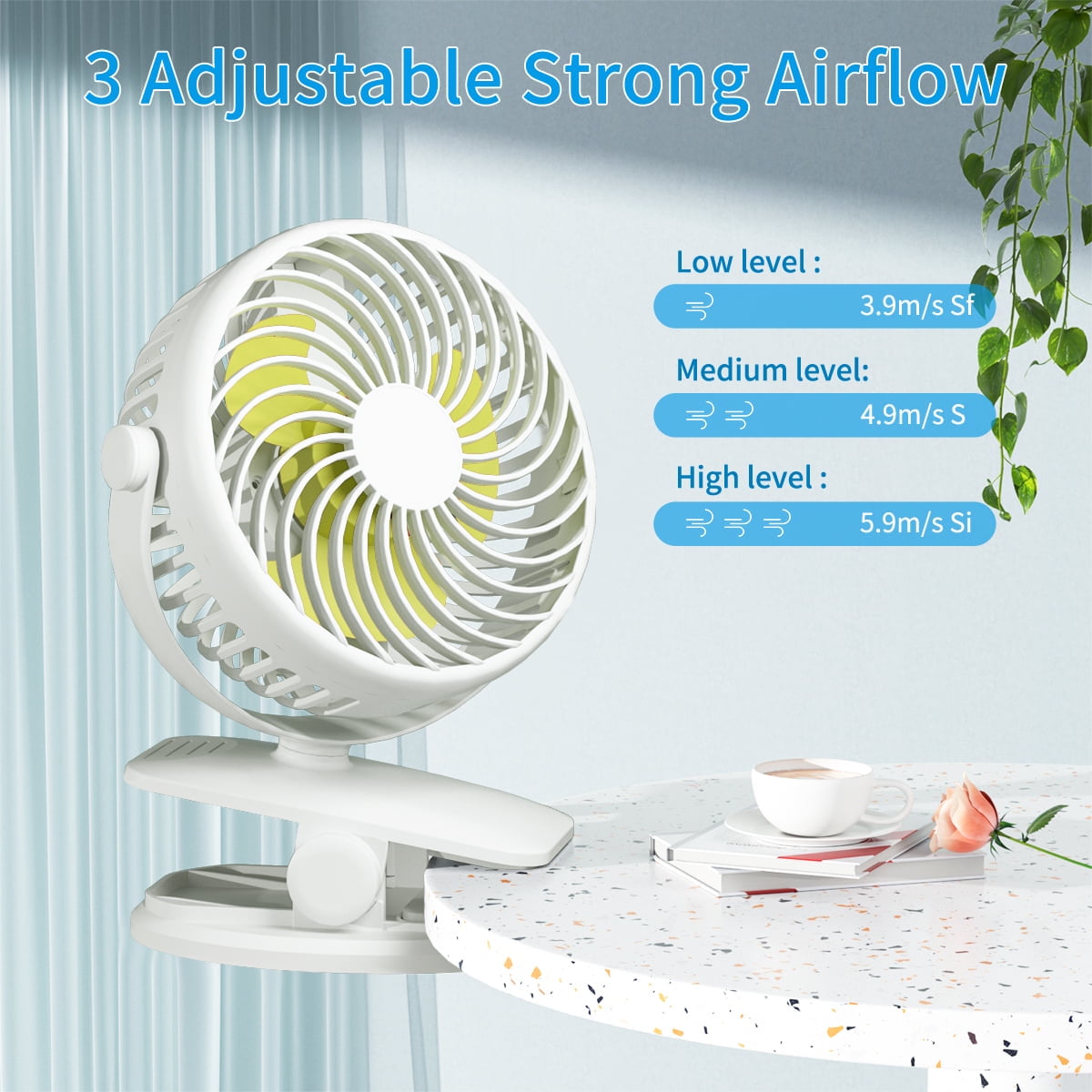 3 Speeds Mini Fan with Sturdy Clamp, Rechargeable Battery Operated USB ...