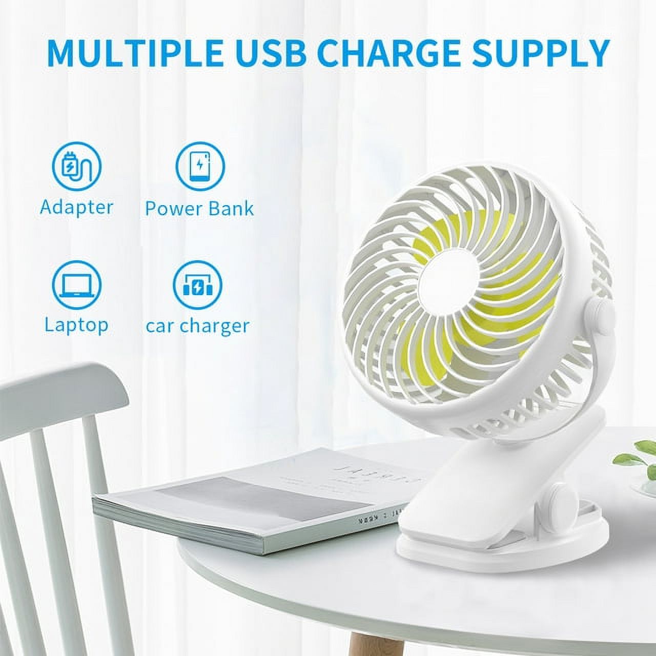 3 Speeds Mini Fan with Sturdy Clamp, Rechargeable Battery Operated USB ...