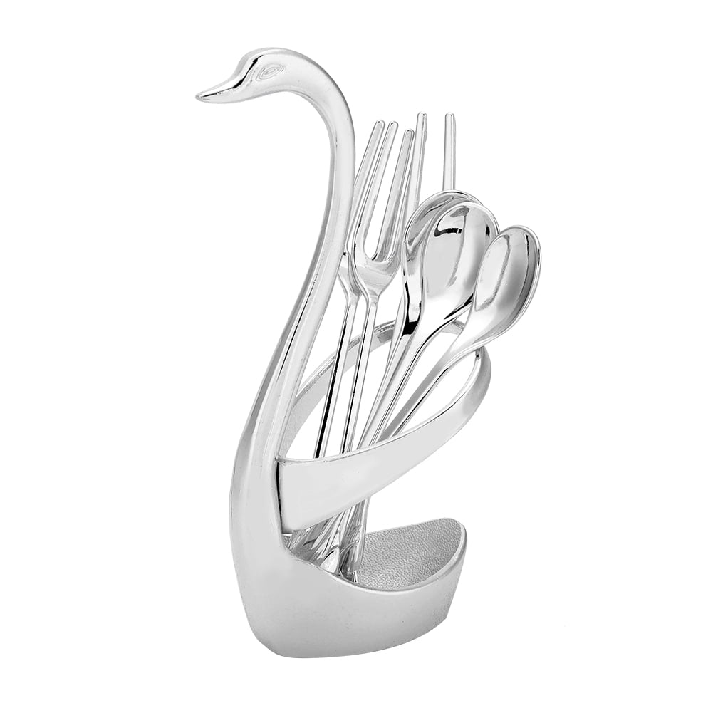 3 Spoons, 3 Forks with Silver Patternless Holder Stainless Steel Swan ...