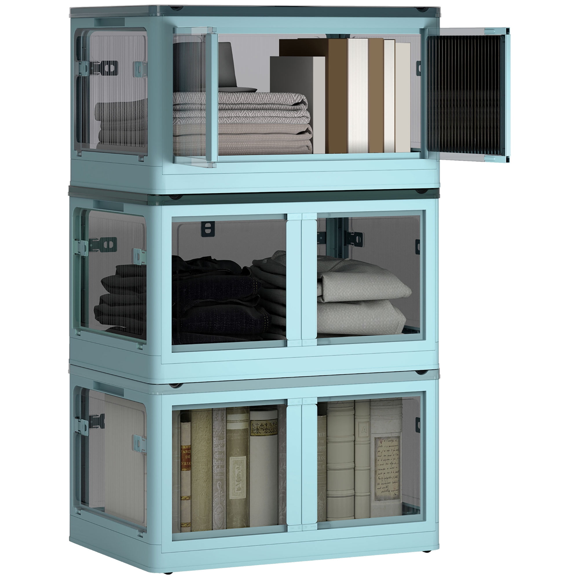 3 Stackable Storage Bins w/ Lids, Wheels, Collapsible, 18 gal, Blue ...