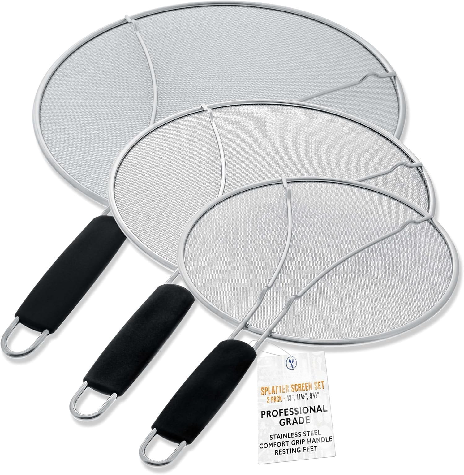 3- Stainless Splatter Guard Set (13", 11.5", 9.5") Fine Mesh Cover ...
